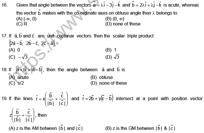 JEE Mathematics Vectors MCQs Set C with Answers